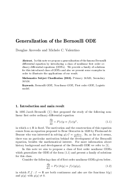 (PDF) A generalization of the Bernoulli ODE | Douglas Azevedo ...