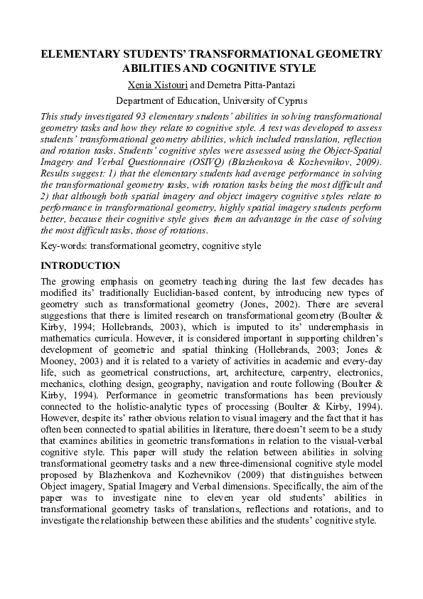 (PDF) Elementary students’ transformational geometry abilities and cognitive style