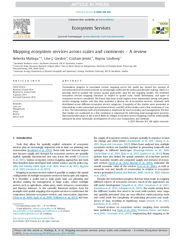 (PDF) Mapping ecosystem services across scales and continents – A review