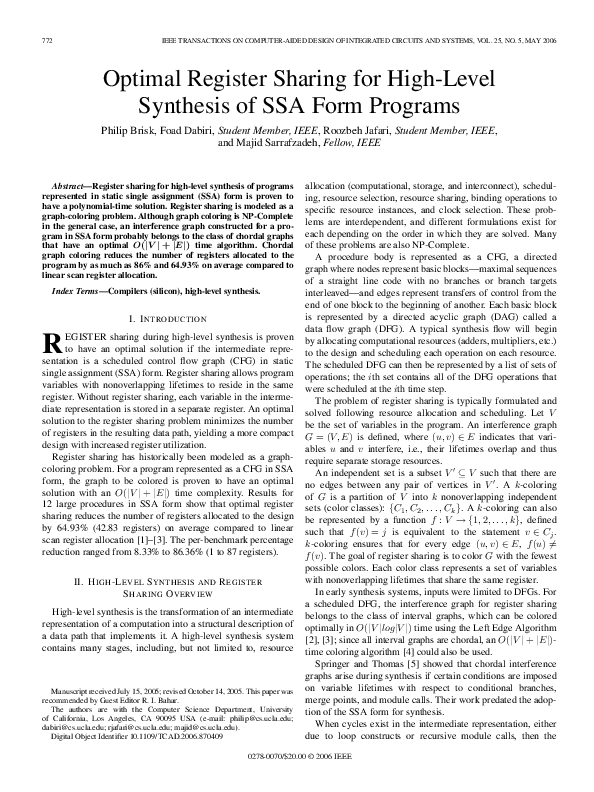 (PDF) Optimal register sharing for high-level synthesis of SSA form programs