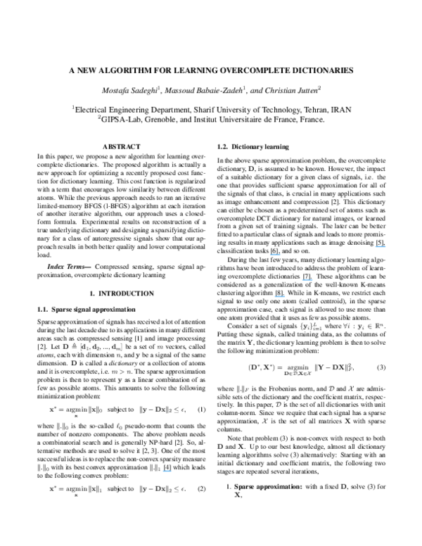 (PDF) A new algorithm for learning overcomplete dictionaries