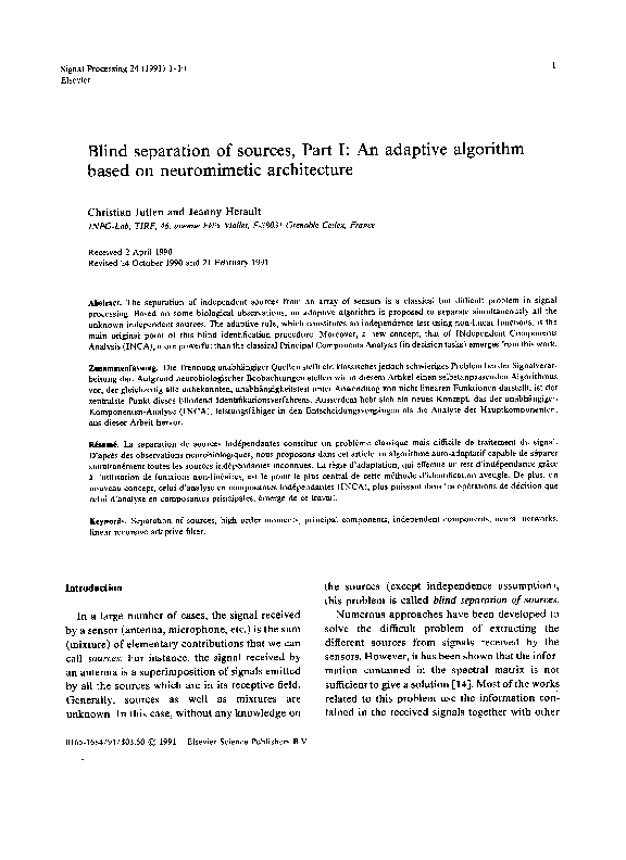 Pdf Blind Separation Of Sources Part I An Adaptive Algorithm Based On Neuromimetic Architecture