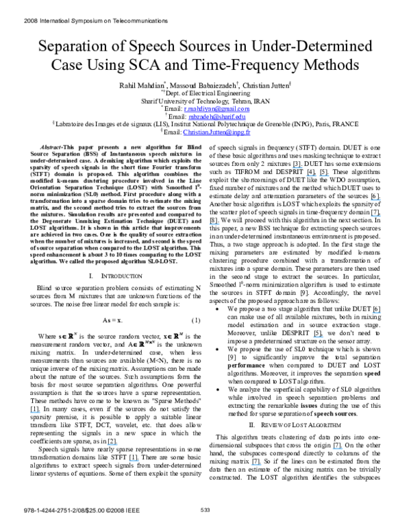 Pdf Separation Of Speech Sources In Under Determined Case Using Sca And Time Frequency Methods