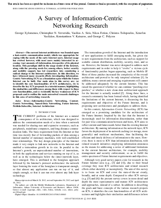 Pdf A Survey Of Information Centric Networking Research