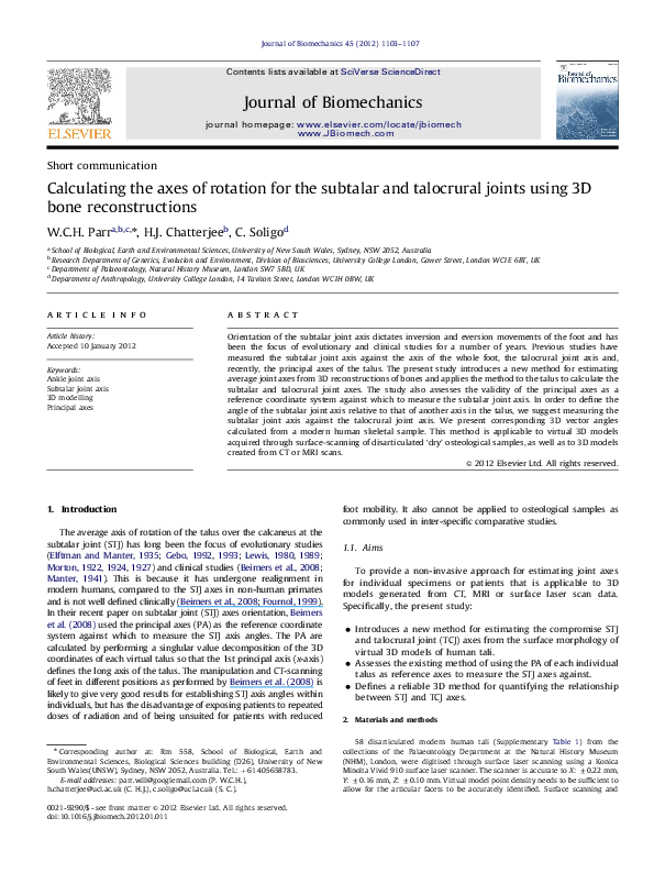 (PDF) Calculating the axes of rotation for the subtalar and talocrural ...