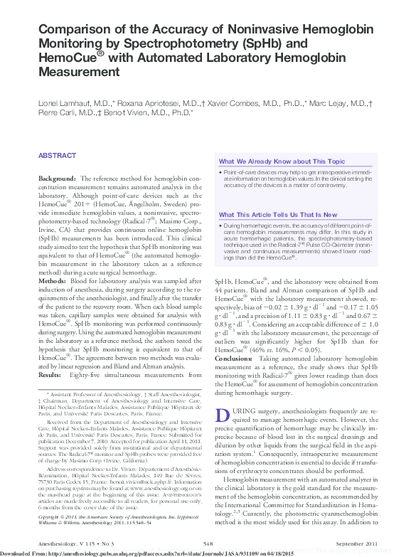 (PDF) Comparison of the Accuracy of Noninvasive Hemoglobin Monitoring ...