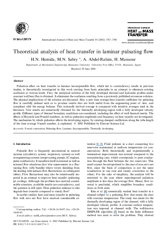 (PDF) Theoretical analysis of heat transfer in laminar pulsating flow