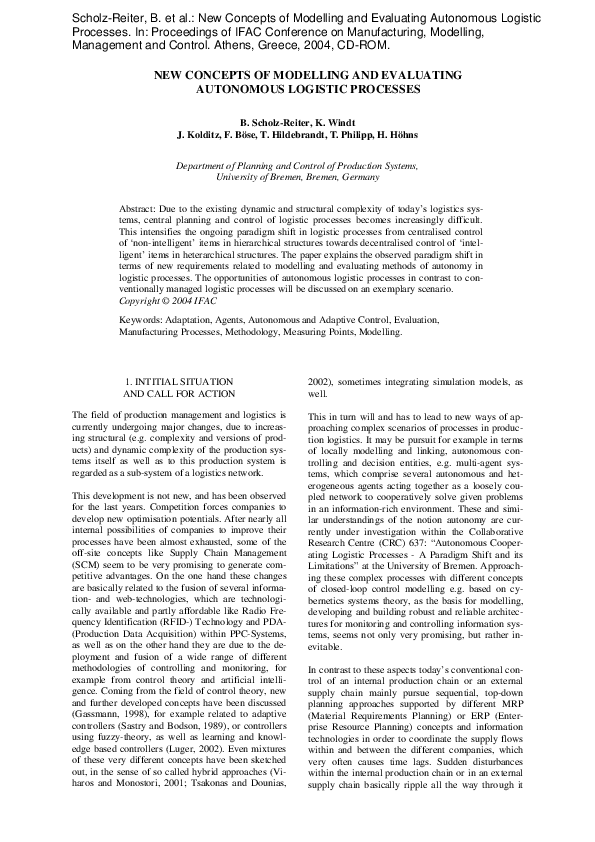 (PDF) New concepts of modelling and evaluating autonomous logistics processes