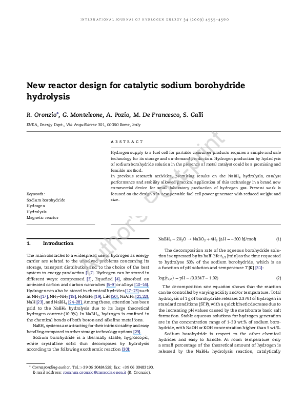 (PDF) New reactor design for catalytic sodium borohydride hydrolysis