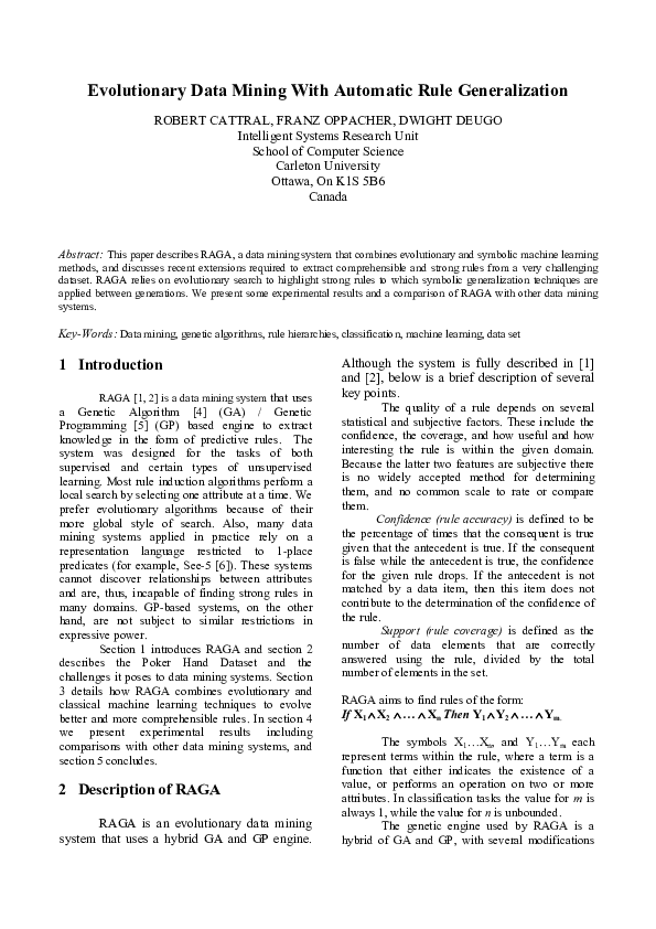(PDF) Evolutionary Data Mining With Automatic Rule Generalization | Franz Oppacher - Academia.edu