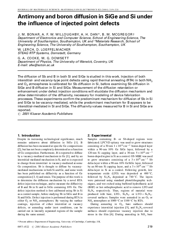 (PDF) Antimony and boron diffusion in SiGe and Si under the influence ...