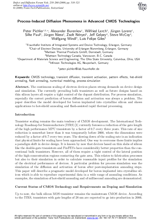 (PDF) Process-Induced Diffusion Phenomena in Advanced CMOS Technologies