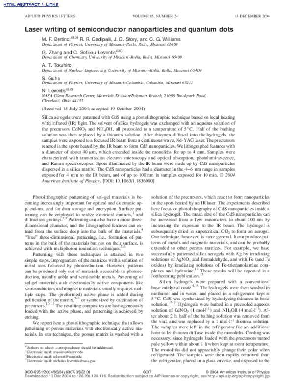 (PDF) Laser writing of semiconductor nanoparticles and quantum dots