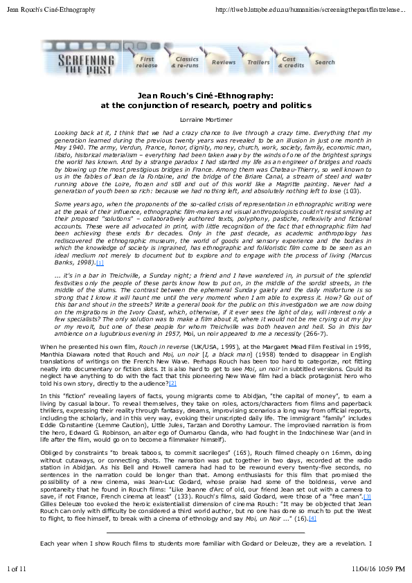 (PDF) Jean Rouch's Ciné-Ethnography: at the conjunction of research ...
