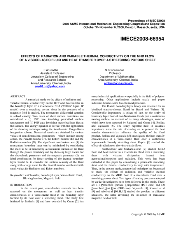 Pdf Effects Of Radiation And Variable Thermal Conductivity On The Mhd Flow Of A Viscoelastic