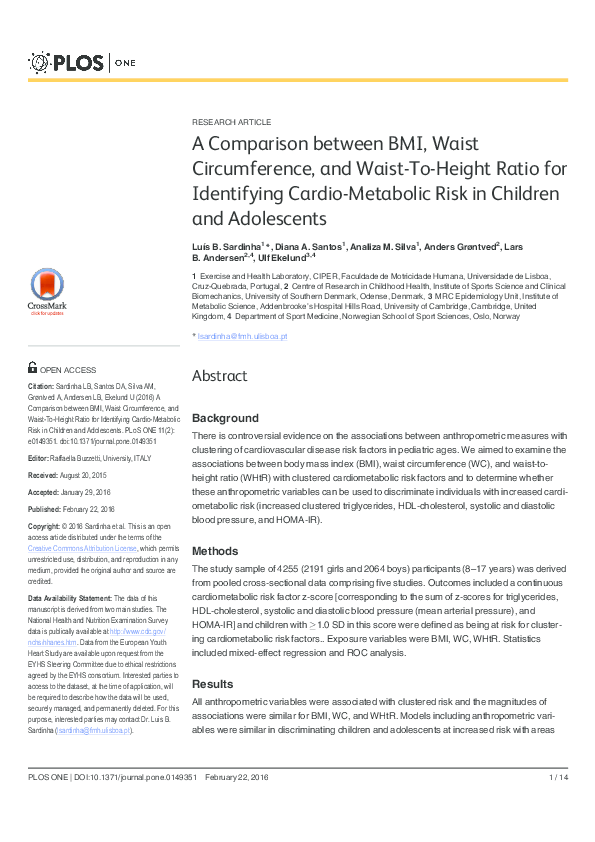 (PDF) A Comparison between BMI, Waist Circumference, and Waist-To-Height Ratio for Identifying ...