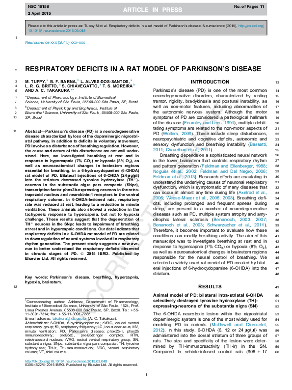 (PDF) Respiratory deficits in a rat model of Parkinson's disease