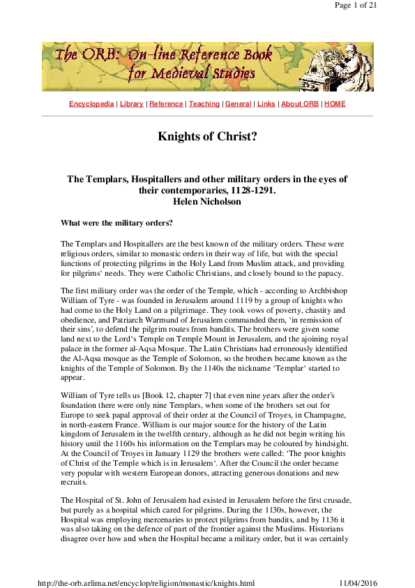 Knights of Christ? The Military Orders in the Eyes of their Contemporaries