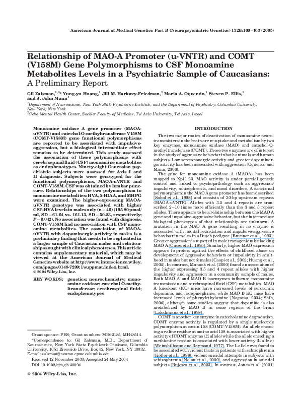 (PDF) Relationship of MAO-A promoter (u-VNTR) and COMT (V158M) gene ...