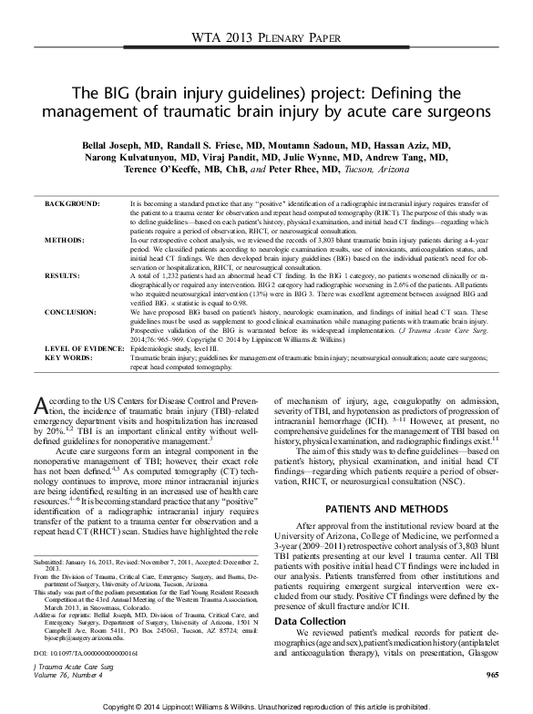 (PDF) The BIG (brain injury guidelines) project: defining the ...