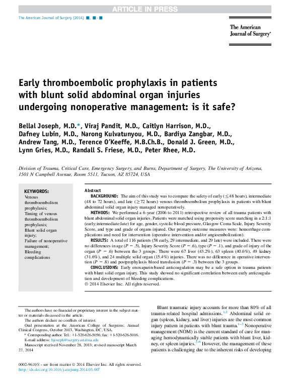 (PDF) Early thromboembolic prophylaxis in patients with blunt solid ...