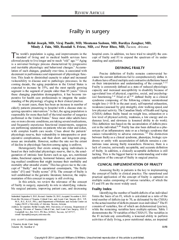 (PDF) Frailty in surgery | Bellal Joseph and Peter Rhee - Academia.edu