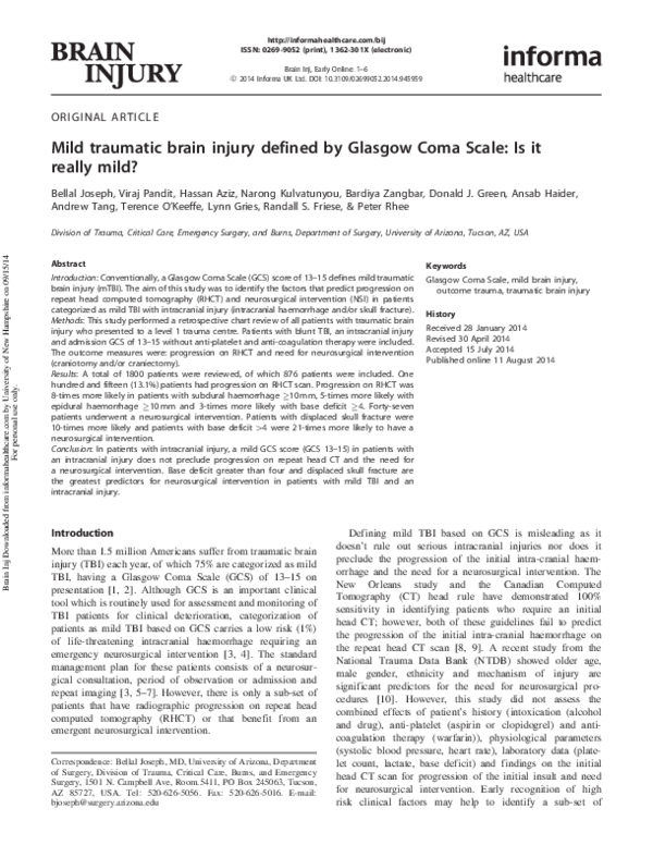 (PDF) Mild traumatic brain injury defined by Glasgow Coma Scale: Is it really mild?