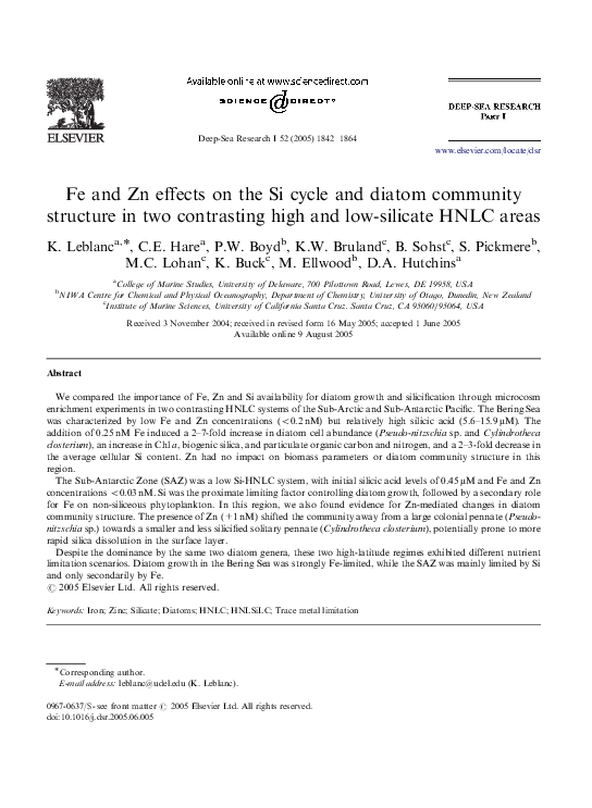 (PDF) Fe and Zn effects on the Si cycle and diatom community structure ...