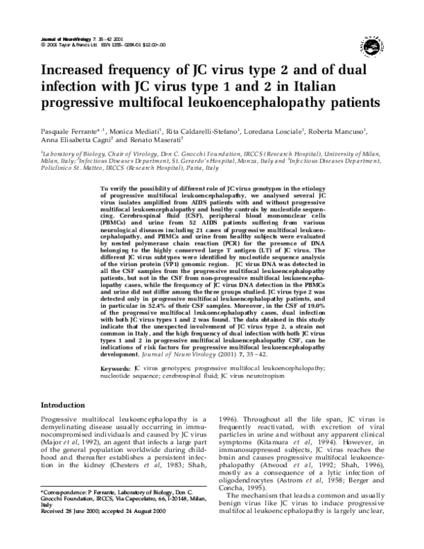 Increased frequency of JC virus type 2 and of dual infection with JC ...
