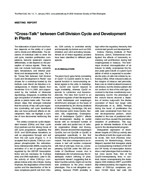 (PDF) Cross-Talk" between Cell Division Cycle and Development in Plants