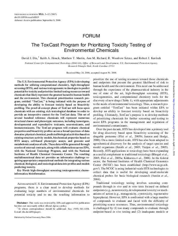 Pdf The Toxcast Program For Prioritizing Toxicity Testing Of
