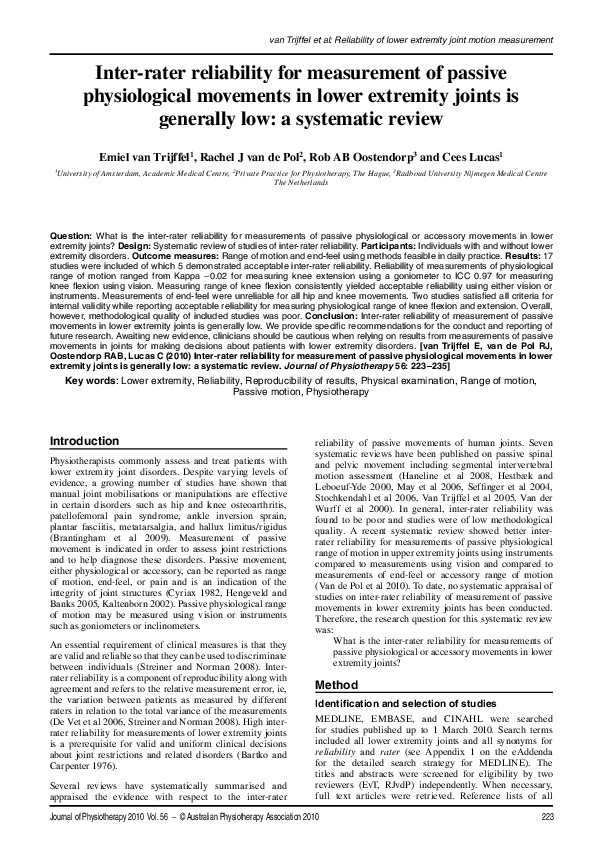 (PDF) Inter-rater reliability for measurement of passive physiological movements in lower ...