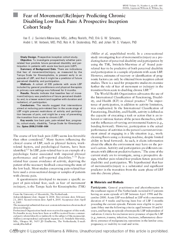 (PDF) Fear of Movement/(Re)Injury Predicting Chronic Disabling Low Back ...