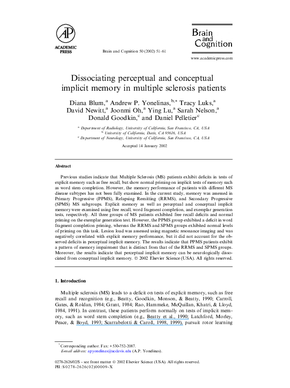 (PDF) Dissociating perceptual and conceptual implicit memory in multiple sclerosis patients