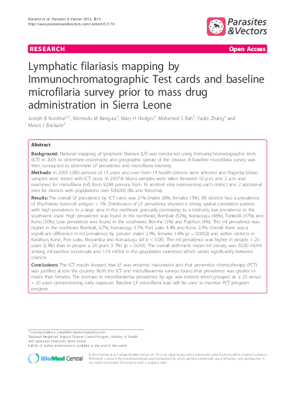 (PDF) Lymphatic filariasis mapping by Immunochromatographic Test cards ...