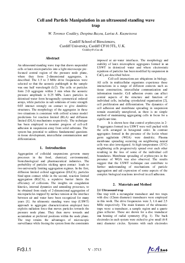 (PDF) Cell and Particle Manipulation in an ultrasound standing wave trap