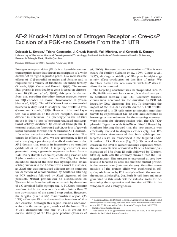 (PDF) AF-2 knock-in mutation of estrogen receptor ?: Cre-loxP excision ...