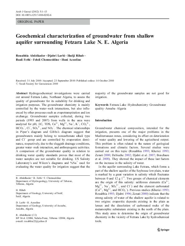(PDF) Geochemical characterization of groundwater from shallow aquifer surrounding Fetzara Lake ...