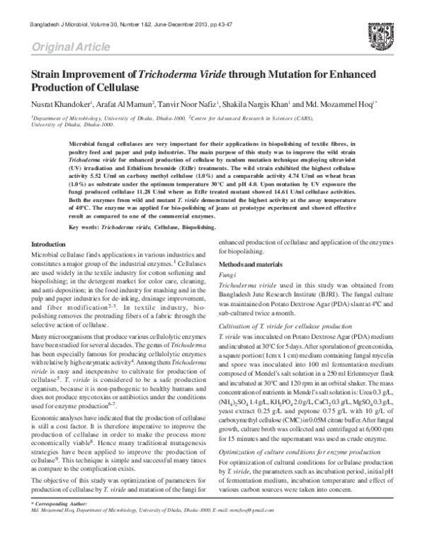 Pdf Strain Improvement Of Trichoderma Viride Through Mutation For Enhanced Production Of Cellulase