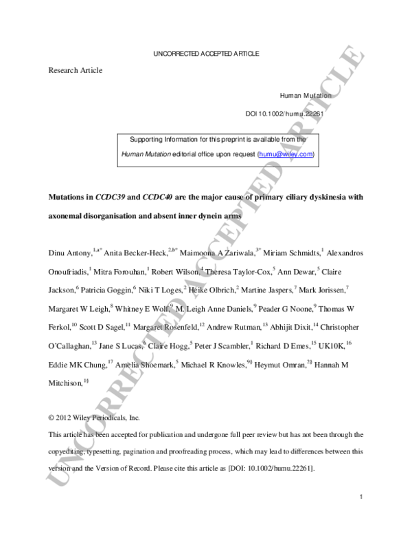 (PDF) Mutations in CCDC 39 and CCDC 40 are the Major Cause of Primary ...