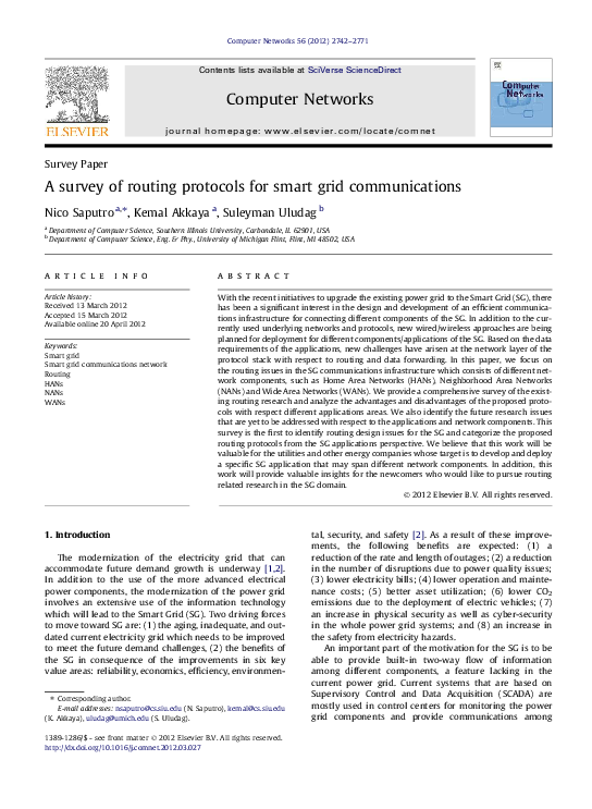(PDF) A survey of routing protocols for smart grid communications