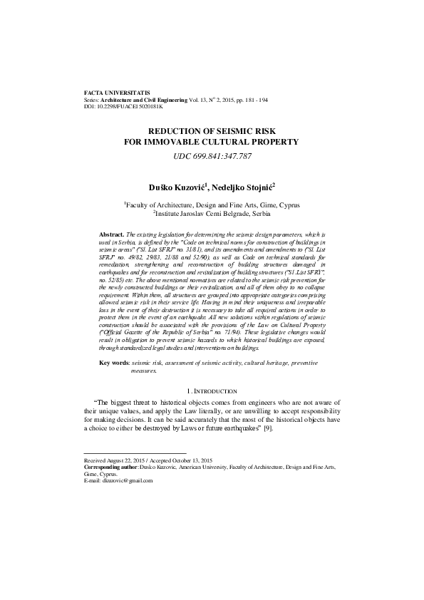 Reduction of Seismic Risk for Immovable Cultural Property