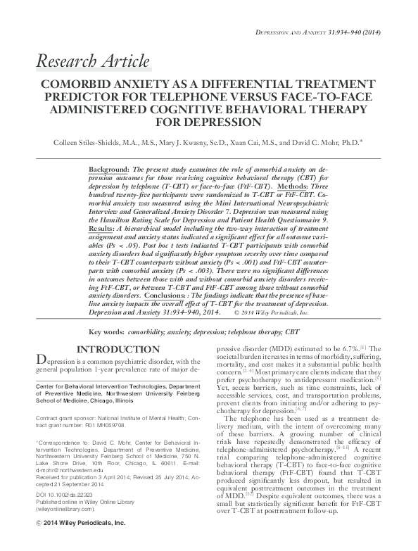 (PDF) Comorbid anxiety as a differential treatment predictor for telephone versus face-to-face ...