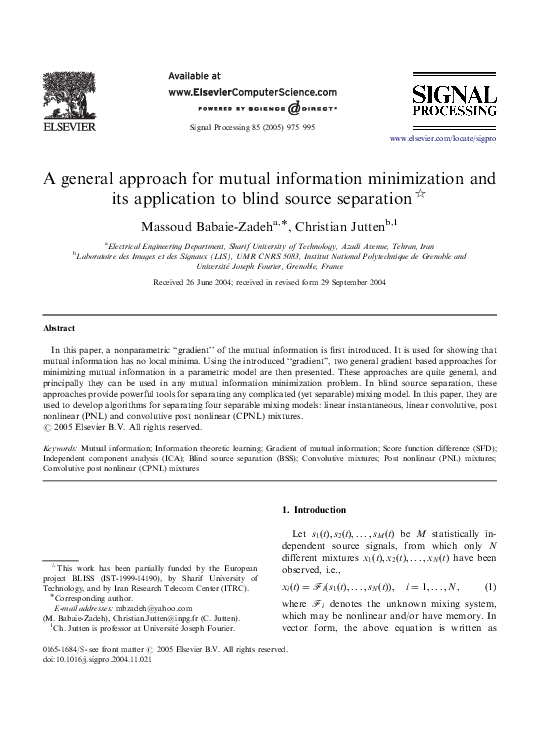 (PDF) A general approach for mutual information minimization and its application to blind source ...