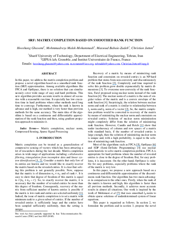 (PDF) SRF: Matrix completion based on smoothed rank function