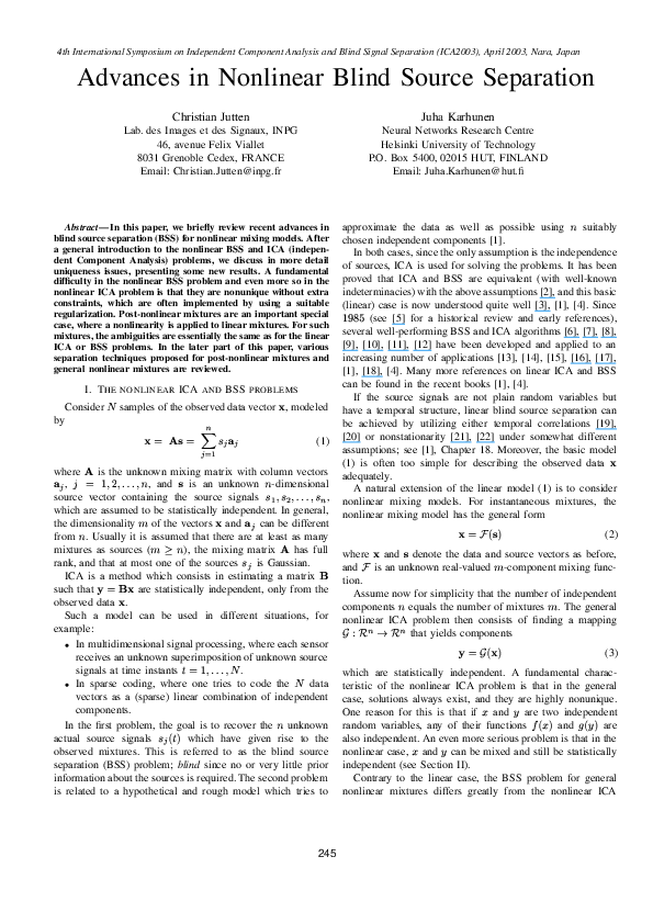 Pdf Advances In Blind Source Separation Bss And Independent