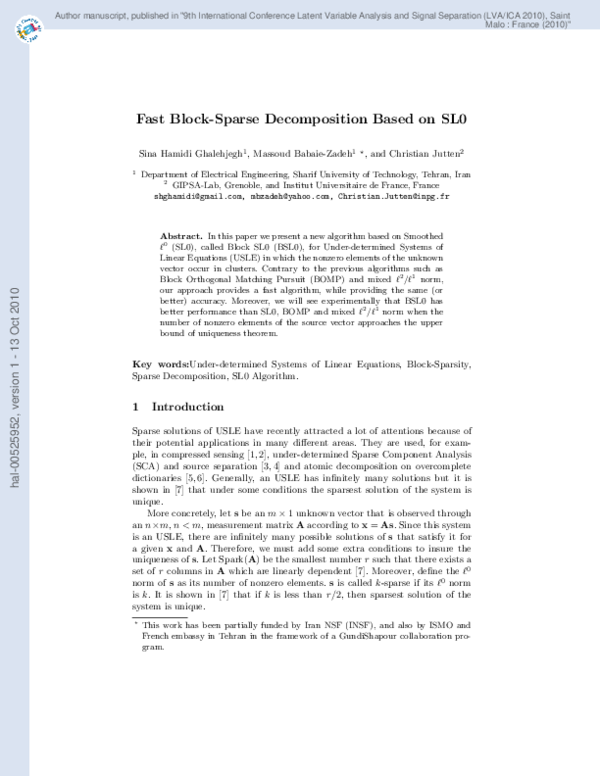 (PDF) Fast Block-Sparse Decomposition Based on SL0