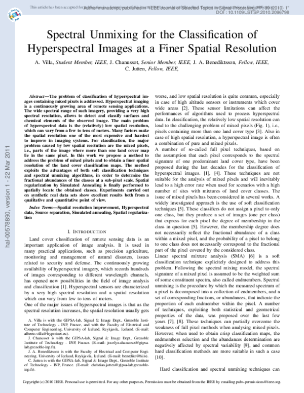 (PDF) Spectral Unmixing for the Classification of Hyperspectral Images at a Finer Spatial Resolution