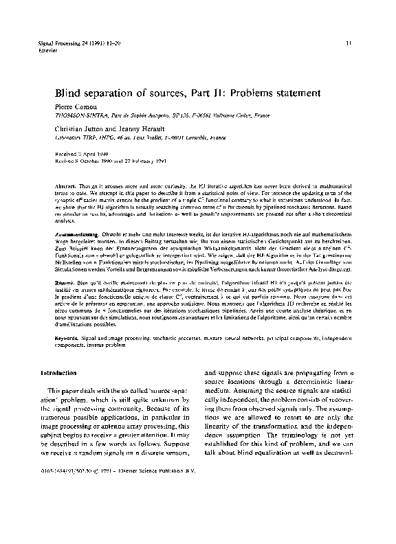 Pdf Blind Separation Of Sources Part Ii Problems Statement