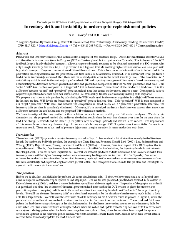 (PDF) Inventory drift and instability in order-up-to replenishment policies